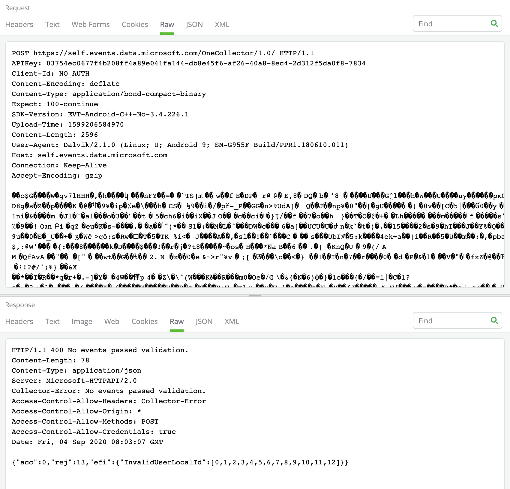 HTTP request failed, events were rejected by the server (400) and will be all dropped · Issue ...
