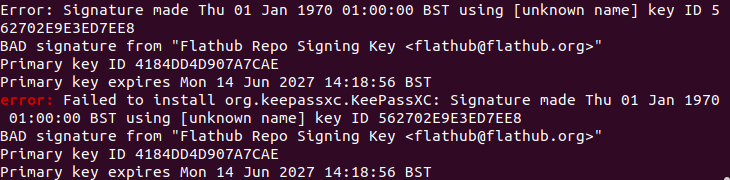 Installation of keepassxc flatpak fails with: BAD signature from "Flathub Repo Signing Key ...