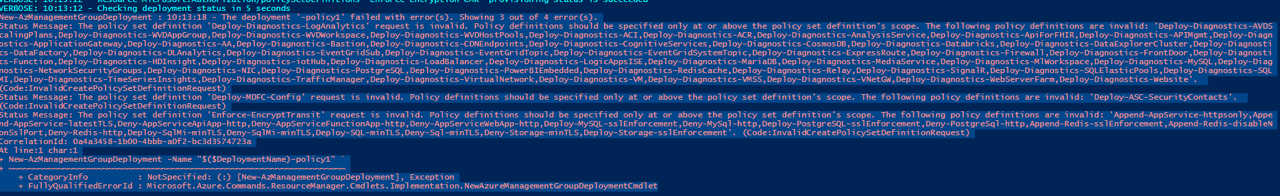 Bug Report: Deploy core policy definitions to ESLZ intermediate root management group failes ...