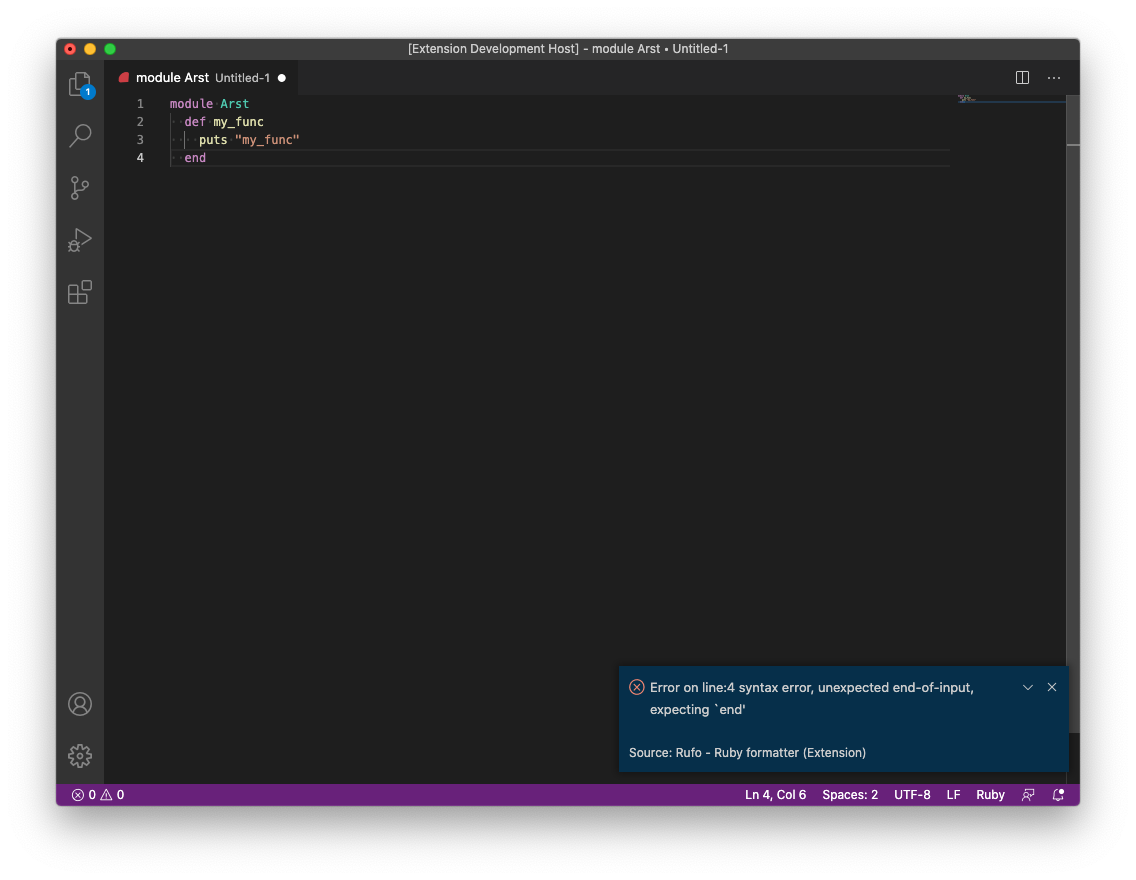 Show Rufo error, when failing to format · Issue #8 · jnbt/vscode-rufo · GitHub