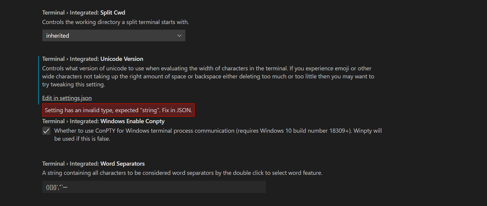 Setting for unicodeVersion of terminal show warning message "invalid ...