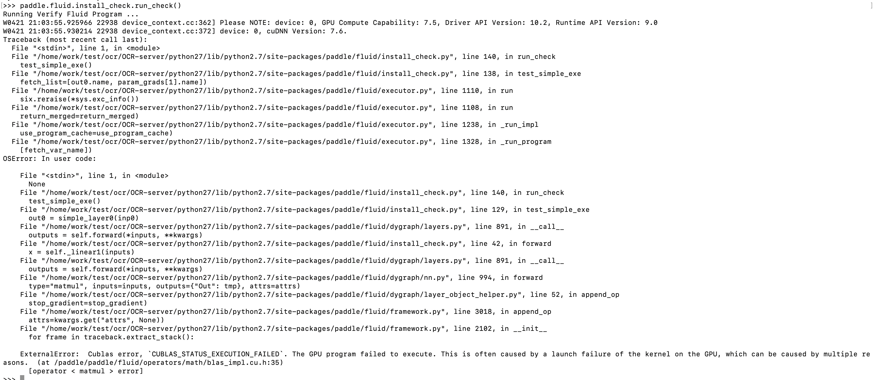 使用paddle 2.0.0报错. Cublas error, `CUBLAS_STATUS_EXECUTION_FAILED` · Issue #32429 · PaddlePaddle ...