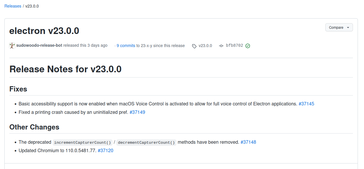 Missing release notes for 23.0.0 · Issue #37219 · electron/electron ...