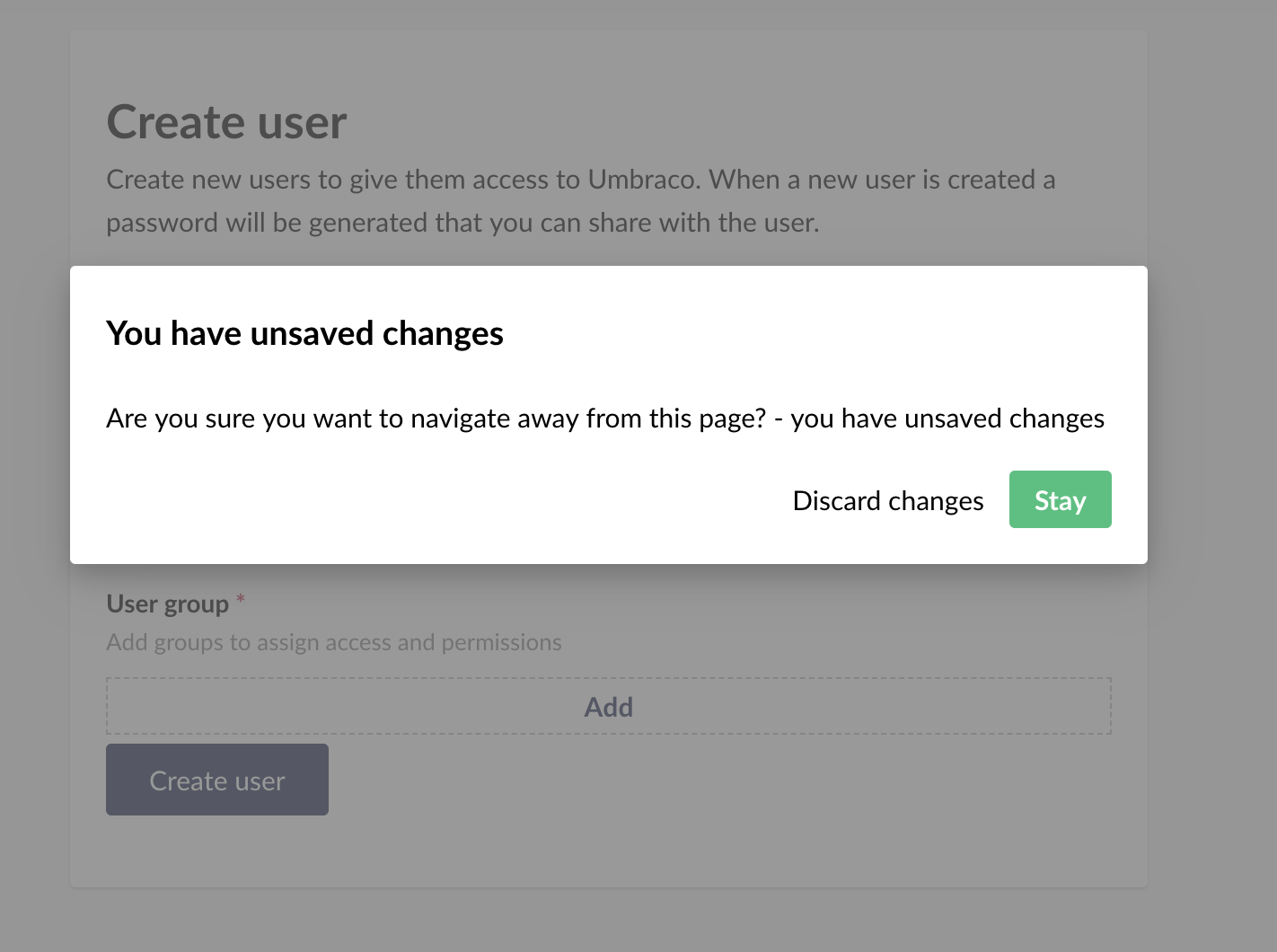 V8: Selecting a proposed option when creating a user takes you away. · Issue #4757 · umbraco ...