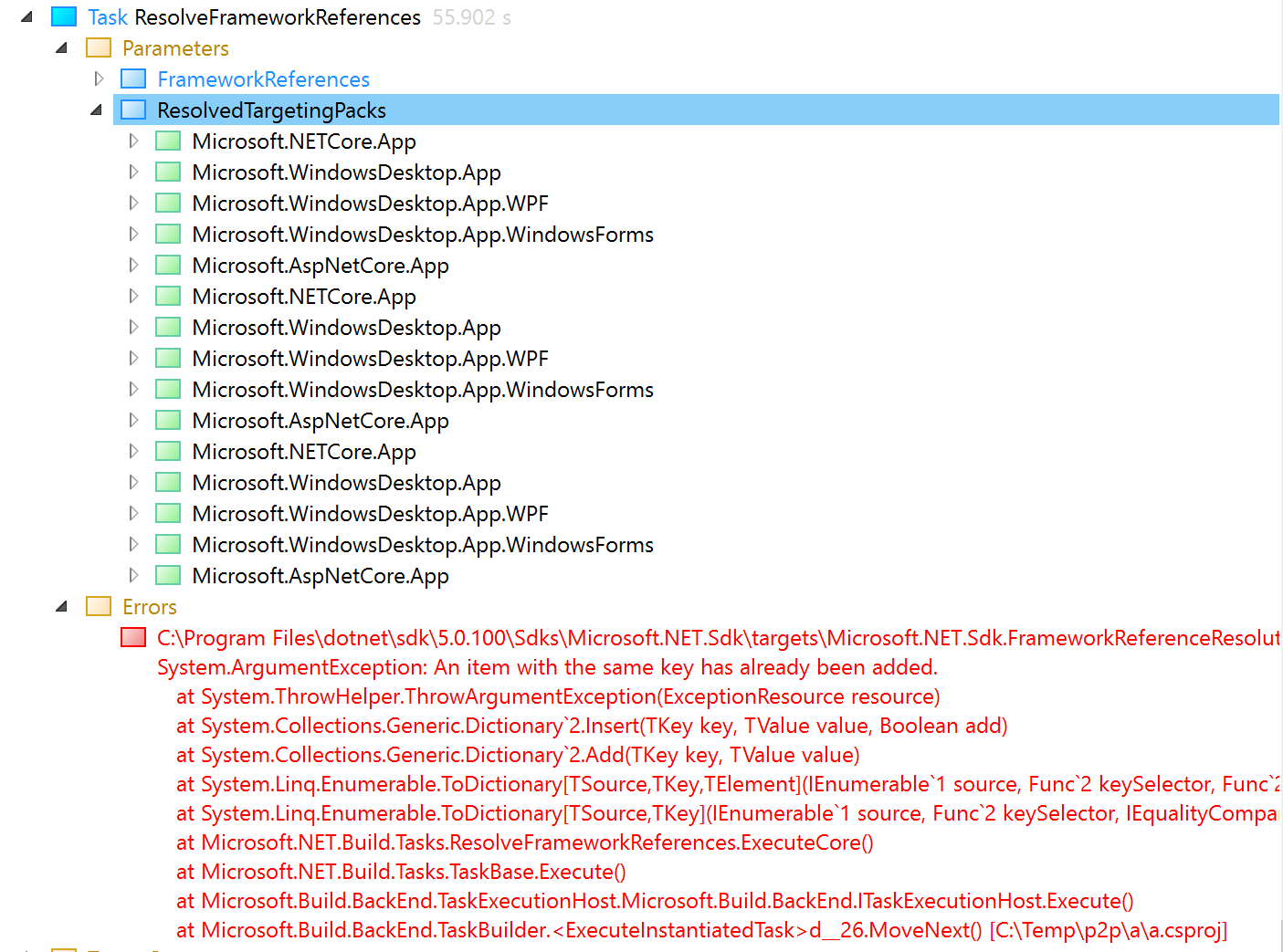 ArgumentException in ResolveFrameworkReferences because ResolvedTargetingPacks contain ...