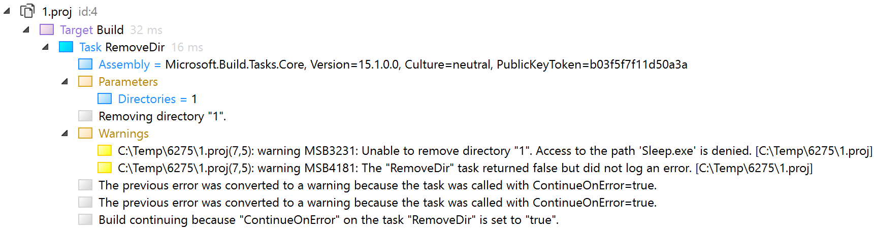 RemoveDir task should log an error when failing · Issue #6275 · dotnet/msbuild · GitHub