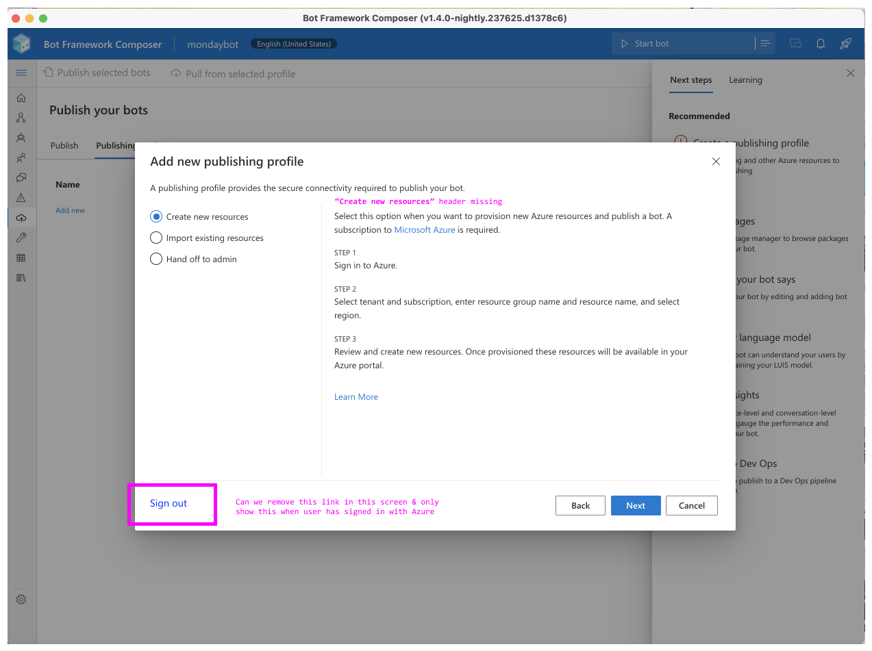 Sign out link in Add new publishing profile · Issue #7235 · microsoft/BotFramework-Composer · GitHub