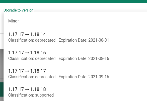 In the update version dialog show firstly the supported version and ...
