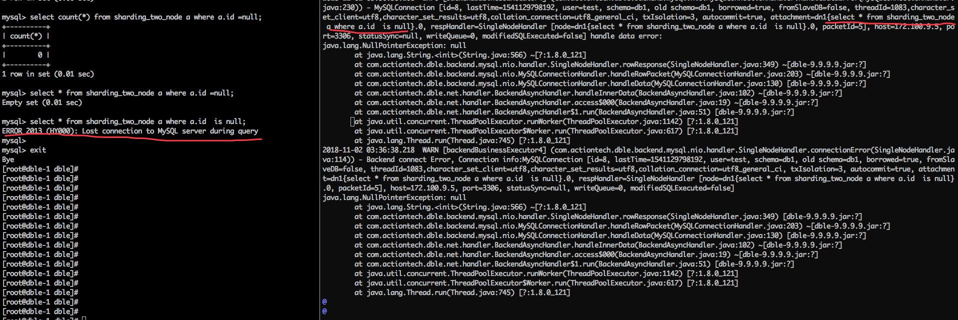 [select * from sharding_two_node where id is null] gets lost connection ... · Issue #800 ...