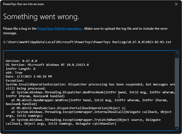 PowerToy Run crashed after updating to v0.67.0 version. · Issue #23807 · microsoft/PowerToys ...