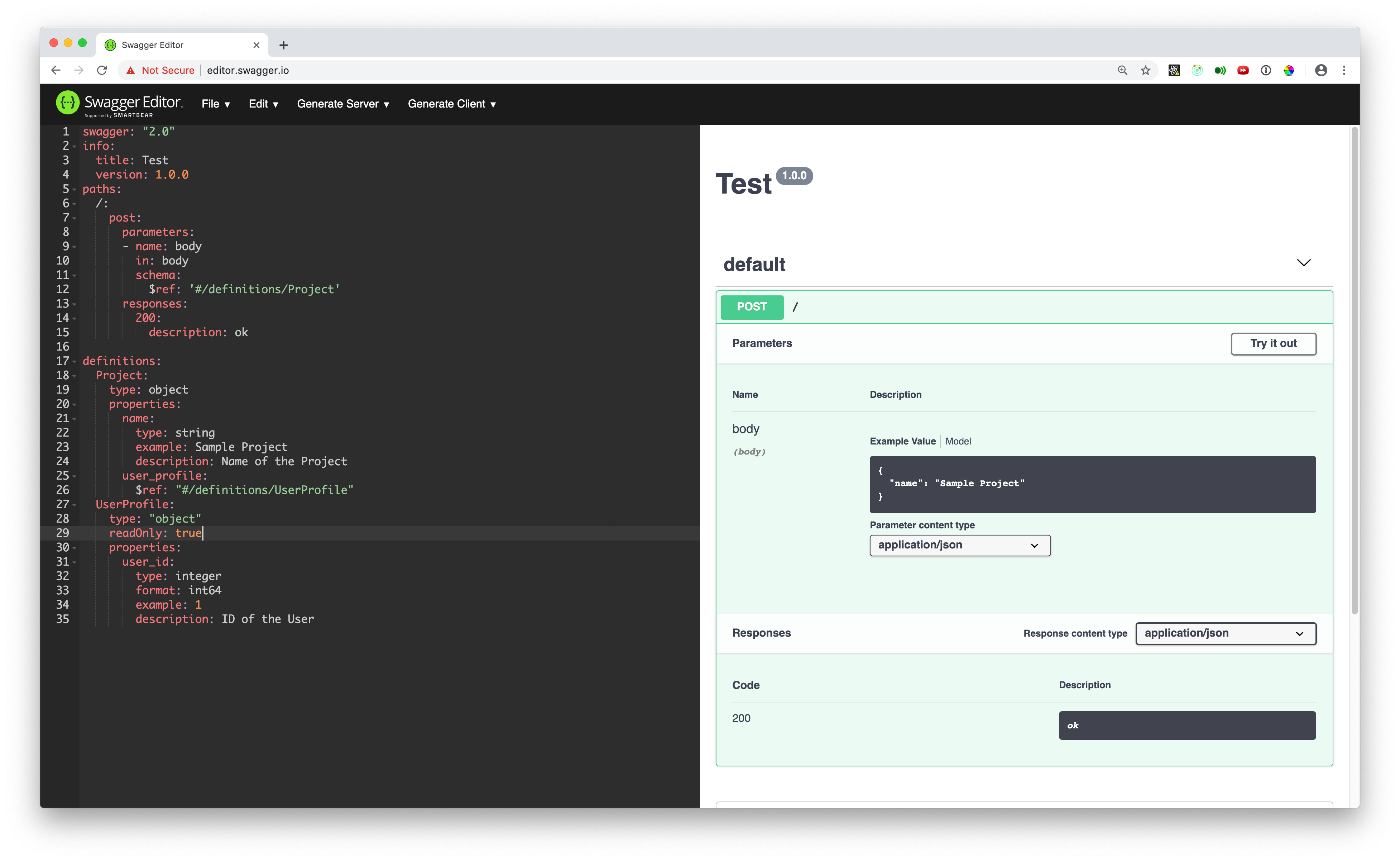 Hide example value of those object properties have readOnly equal to ...