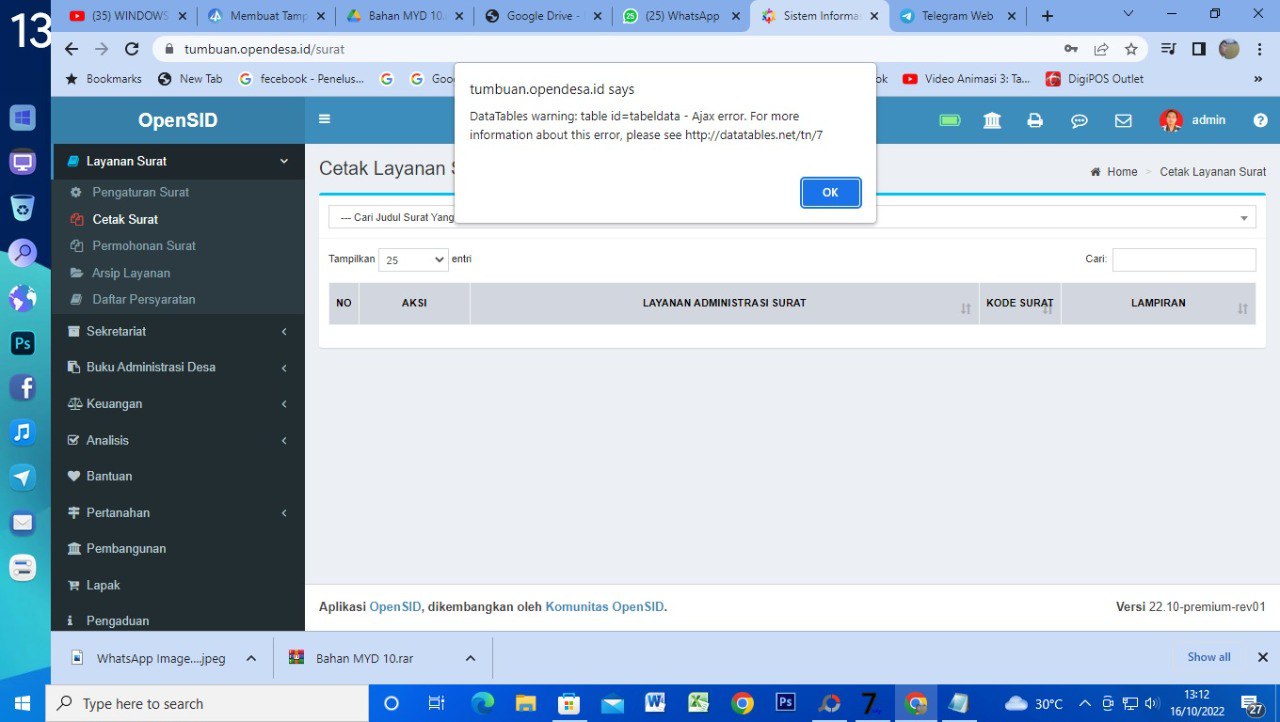 Bug Error Ketika Klik Semua Menu Di Layanan Surat Muncul Error Datatables Warning Tableid