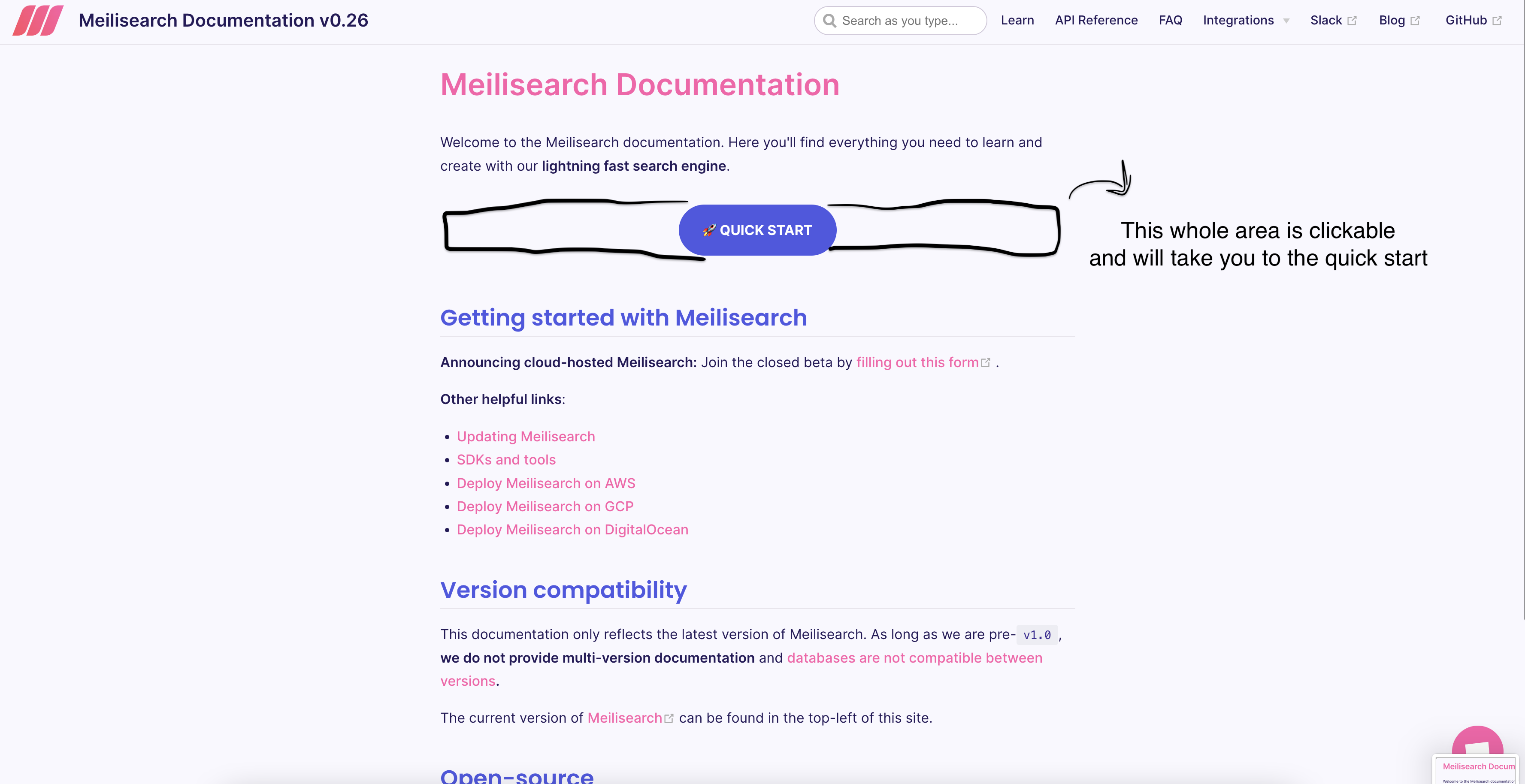 Quick start button clickable area is too large · Issue #1539 · meilisearch/documentation · GitHub
