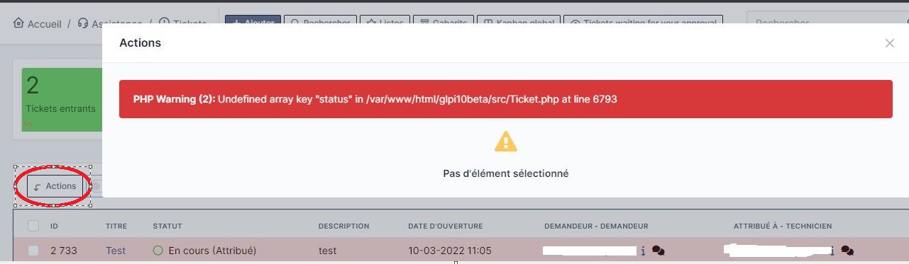 [GLPI 10.0 RC2] Action delete ticket in the recycle bin : Undefined array key "status" in /var ...