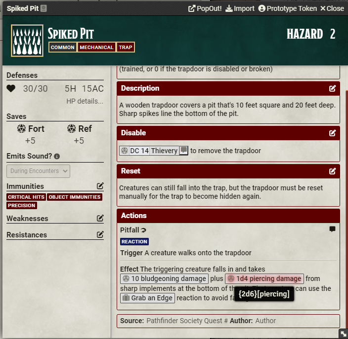 Spiked Pit hazard incorrect damage roll. · Issue #4623 · foundryvtt/pf2e · GitHub