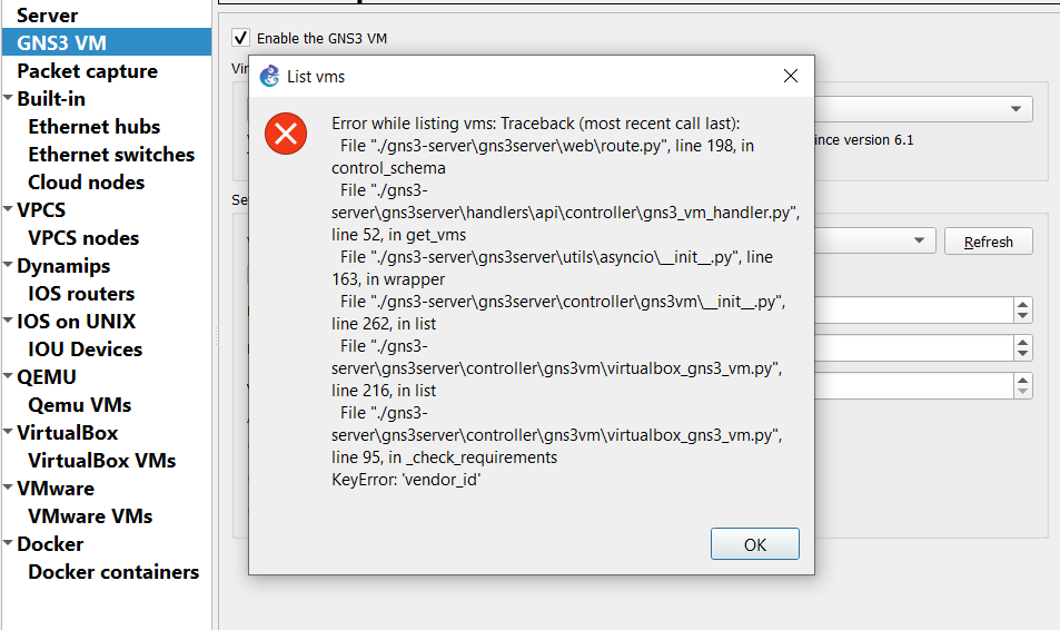 Key Error vendor_id on GNS 2.2.11 with virtual box · Issue #3017 · GNS3/gns3-gui · GitHub