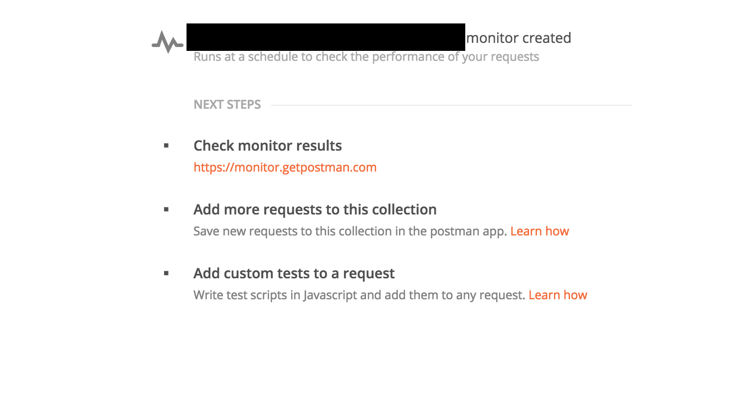 The Create-New-Monitor flow's last step links to monitor.getpostman.com, not the created monitor ...