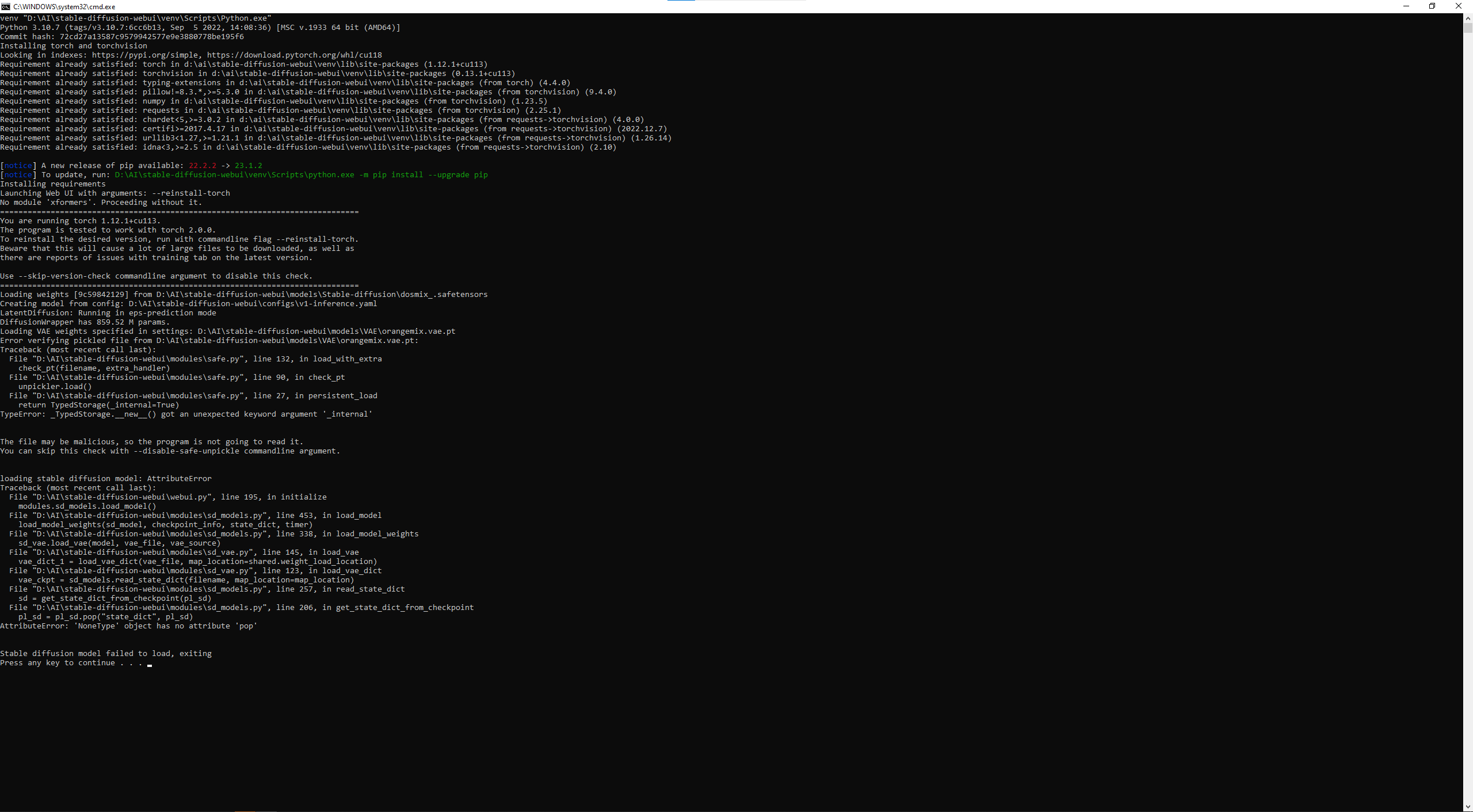 "Stable diffusion model failed to load, exiting" · AUTOMATIC1111 stable ...