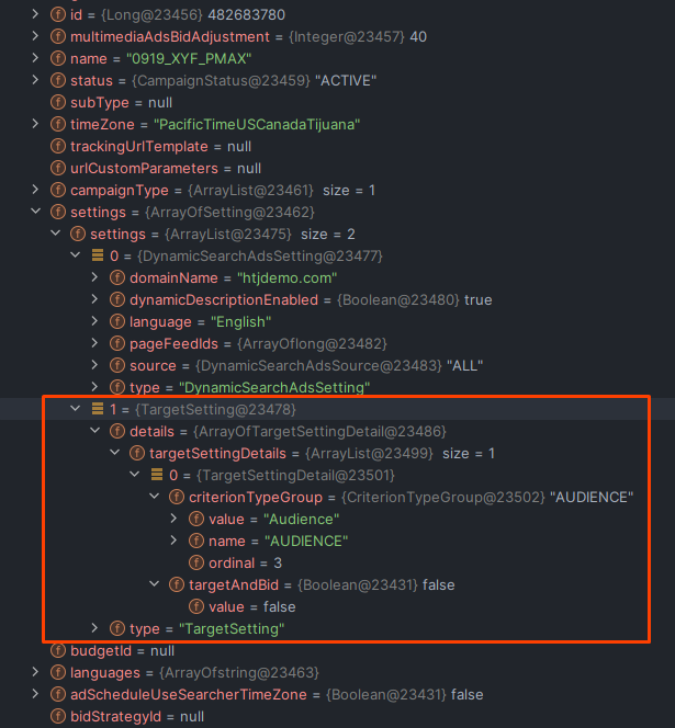 the bulk download interface response is not same as the response from getCampaignsByAccountId ...