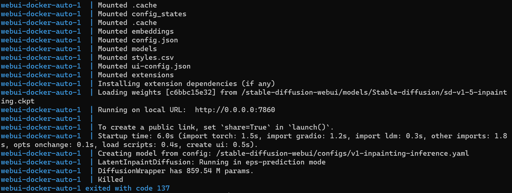 code 137 · Issue #530 · AbdBarho/stable-diffusion-webui-docker · GitHub