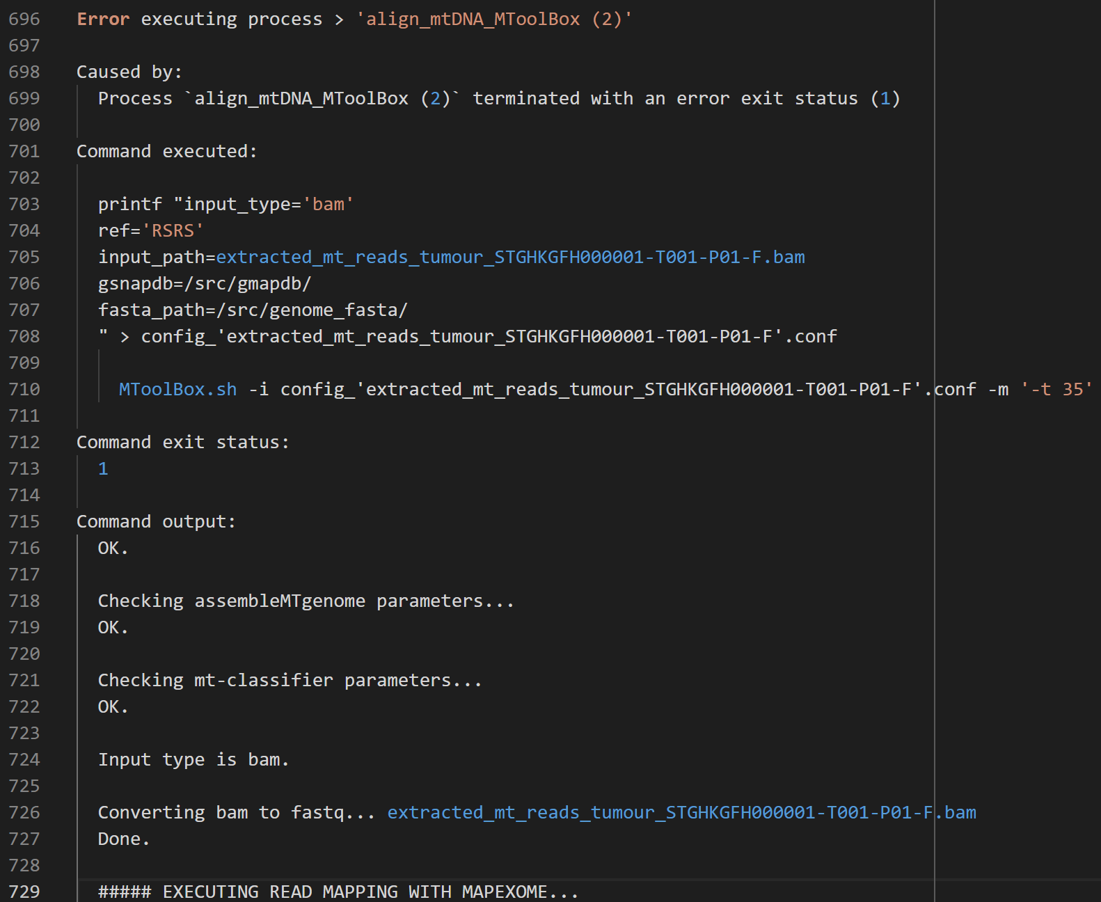 Error: align_mtDNA_MToolBox (2) terminated with an error exit status (1) - failed to open "OUT ...