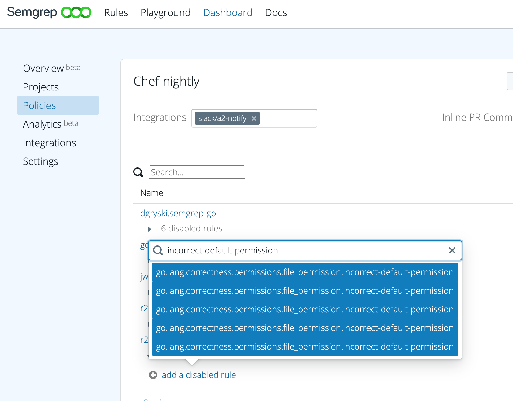Selecting rule to disable in a policy shows mutiple copies · Issue #2537 · semgrep/semgrep · GitHub