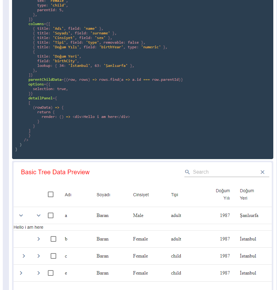 Having Details panel and child row as same component. · Issue #3003 · mbrn/material-table · GitHub
