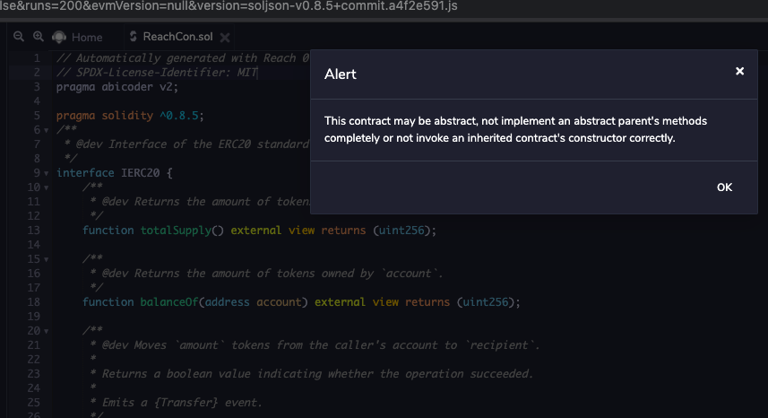 Reach generated Solidity error when deploying contract using injected Web3 from Remix. · Issue ...
