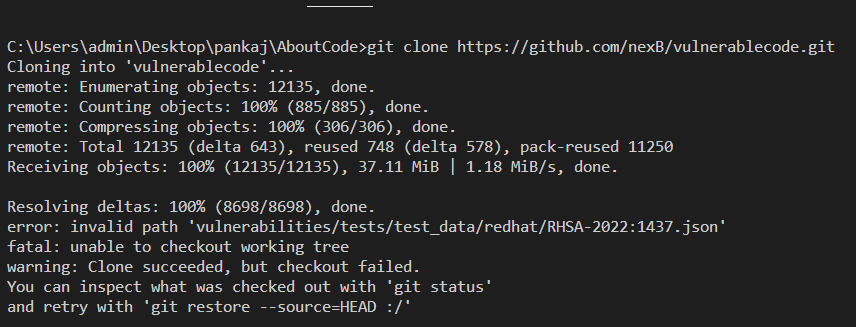 Not able to clone the project from git · Issue #1125 · aboutcode-org/vulnerablecode · GitHub