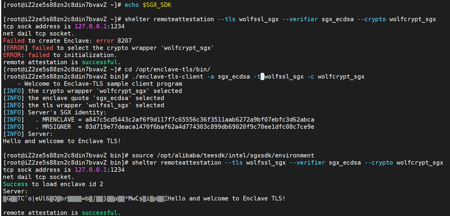 shelter + skeleton + enclave-tls: remote attestation will print the ...