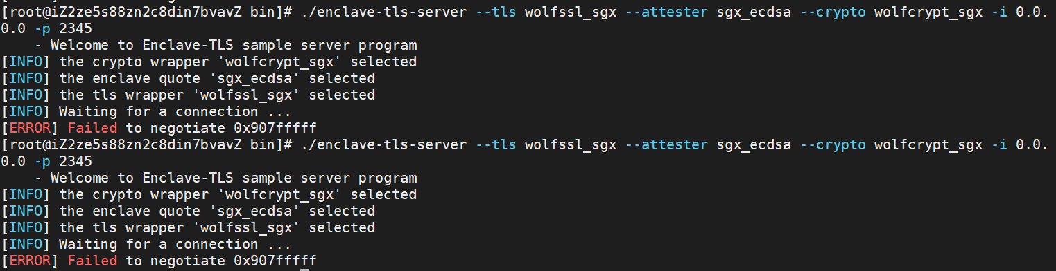 non-sgx enclave-tls-client + sgx enclave-tls-server error mesages ...