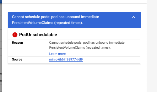 Deployment on GCP- 2 unscheduled pods (minio and mysql), pod has unbound immediate ...
