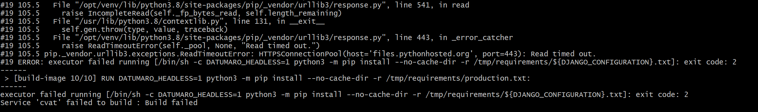 executor failed running [/bin/sh -c DATUMARO_HEADLESS=1 python3 -m pip install --no-cache-dir -r ...