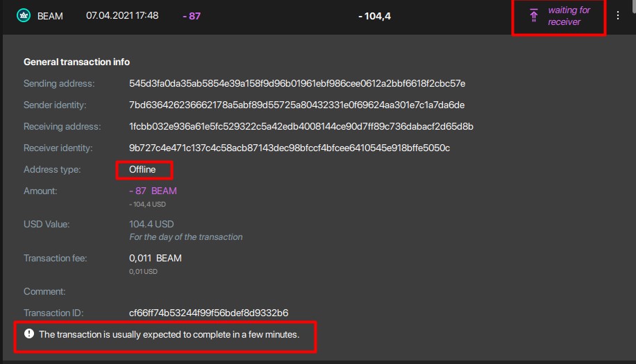 Transaction info: change text for offline transactions with "waiting for receiver" status ...
