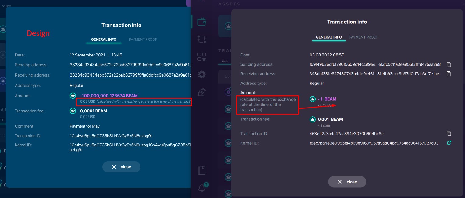 Transaction info: hint about the rate should be shown below "Amounts" field only for multiple CA ...