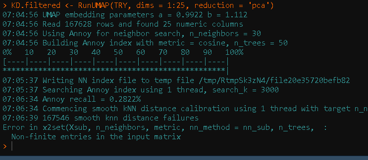 RunUMAP: Error in x2set(Xsub, n_neighbors, metric, nn_method = nn_sub, n_trees, : Non-finite ...