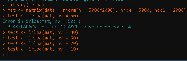 Error In Irlbamat Nv 50 Blaslapack Routine Dlascl Gave Error Code 4 · Issue 68 