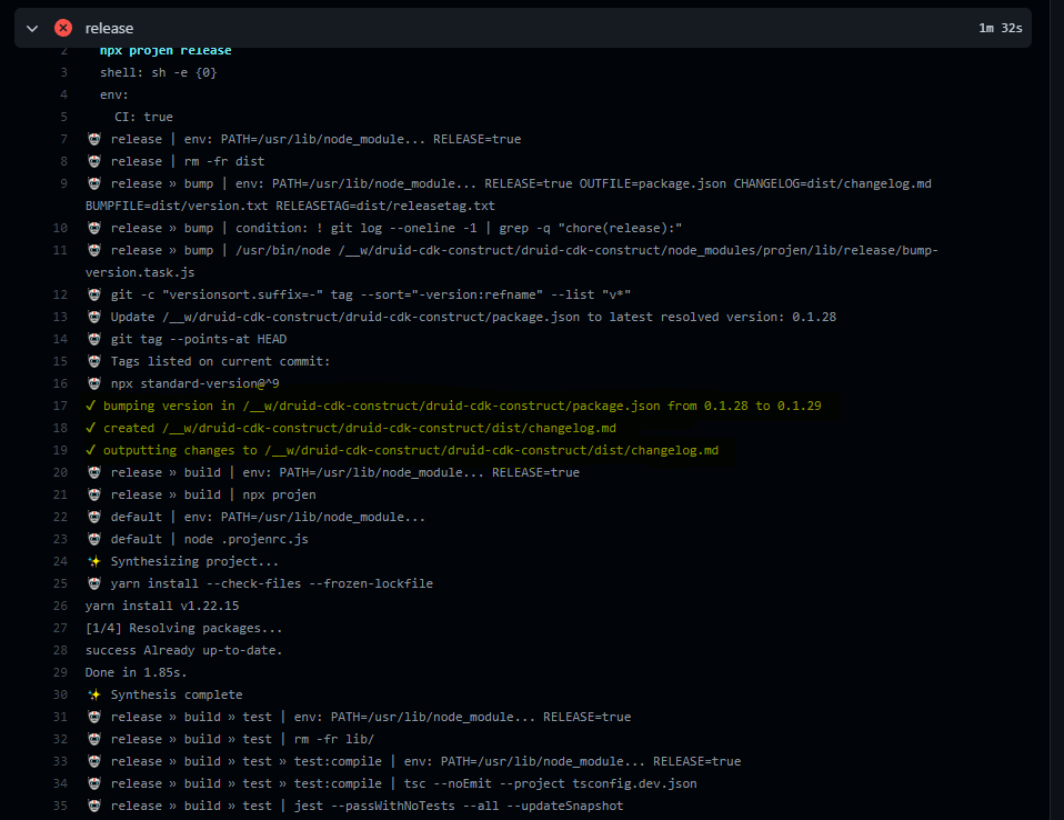 Issues with github action release step · Issue #1142 · projen/projen · GitHub
