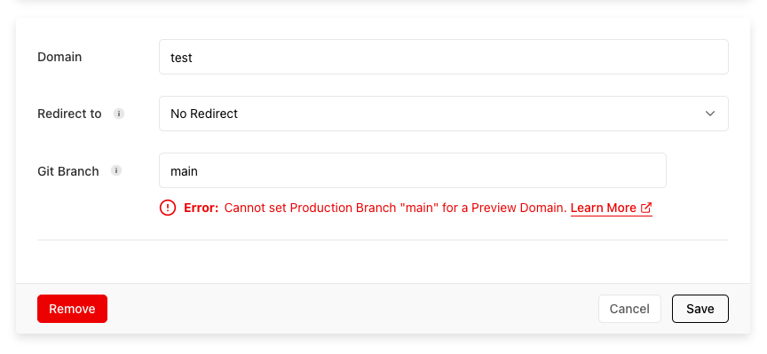 Default 'main' git branch missing from added domain - Vercel ENV showing preview deploying to ...