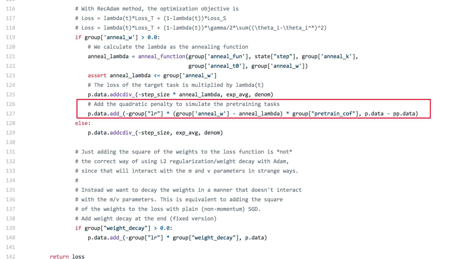 请问 RecAdam 127 行的实现是笔误写错了吗？和论文中给出的公式逻辑不一致。 · Issue #12 · Sanyuan-Chen/RecAdam · GitHub