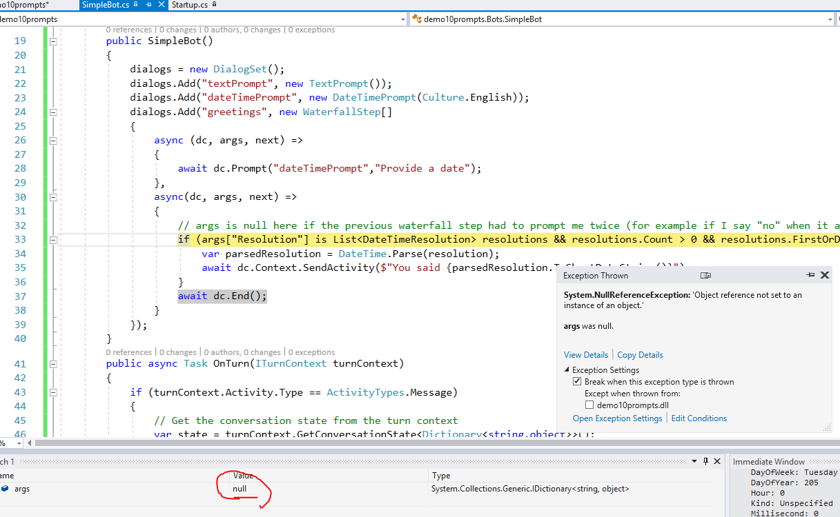 args is null in waterfall step following a DateTimePrompt if the user ...