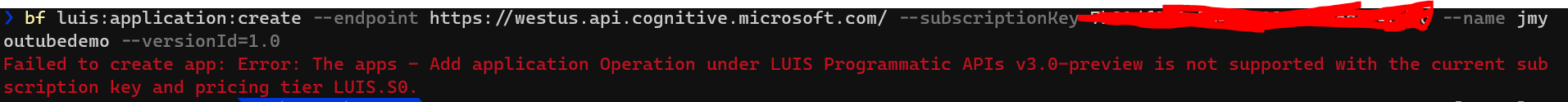 luis:application:create fails with error Add application Operation under LUIS Programmatic APIs ...