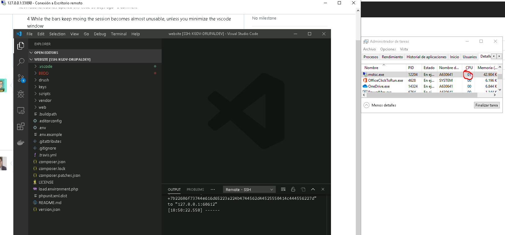 RDP session becomes unusable, strongly slow, due to the blue "loading ...