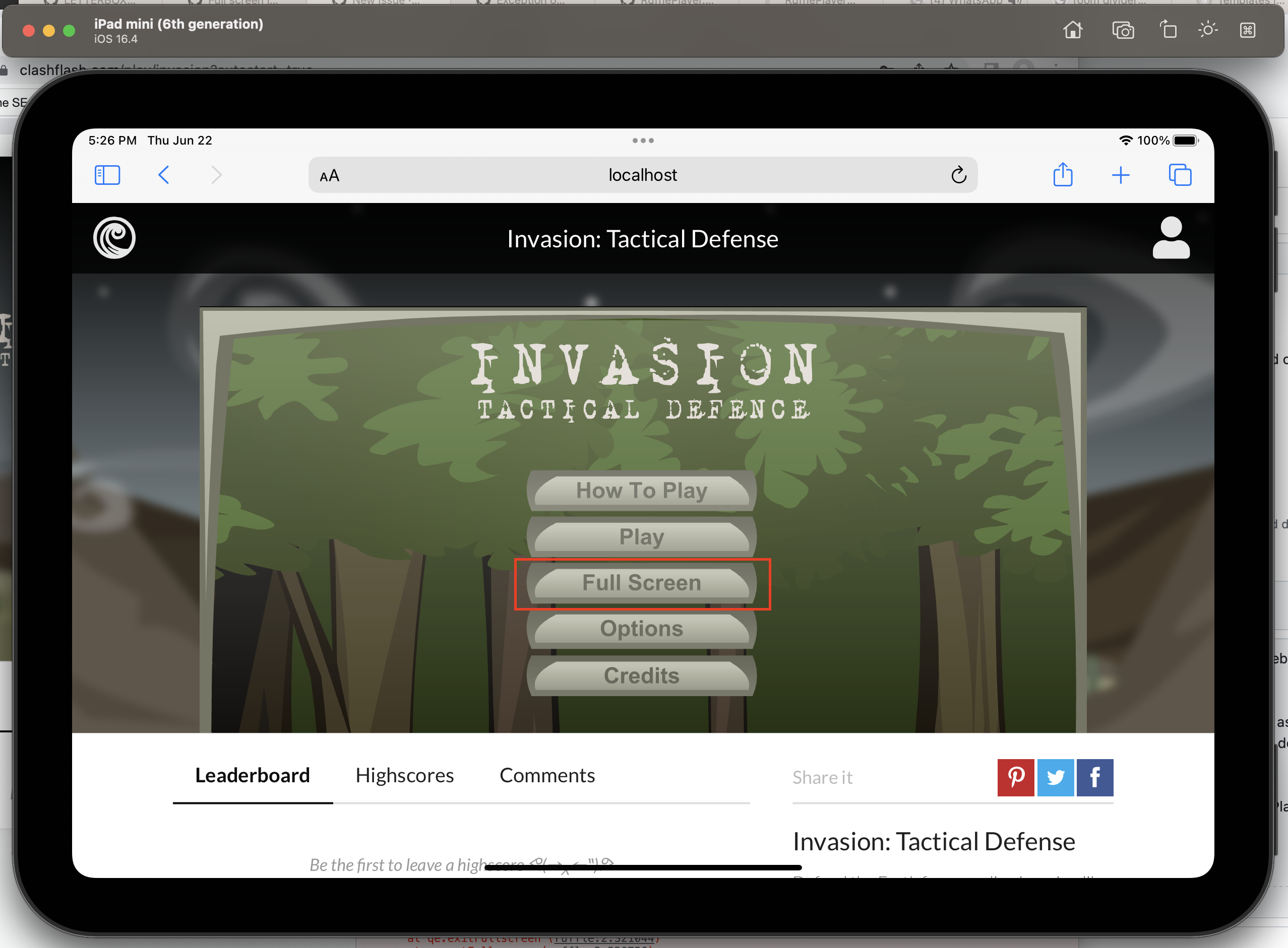 Full Screen on mobile not working with enterFullscreen(), but is working in-game and on iPads ...