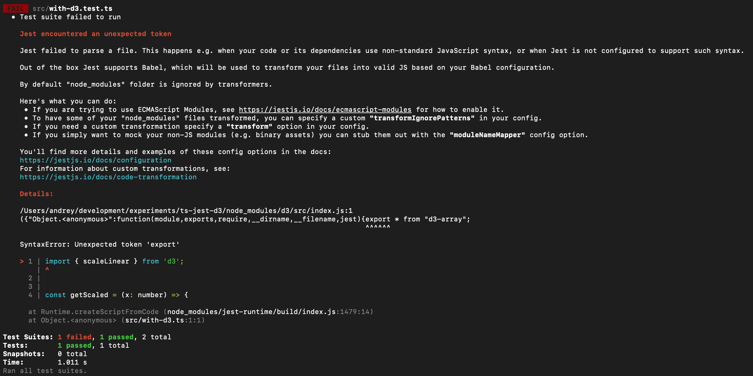 Jest unable to import D3 v.7.0.0 (distributed as ESM module) · Issue #11675 · jestjs/jest · GitHub