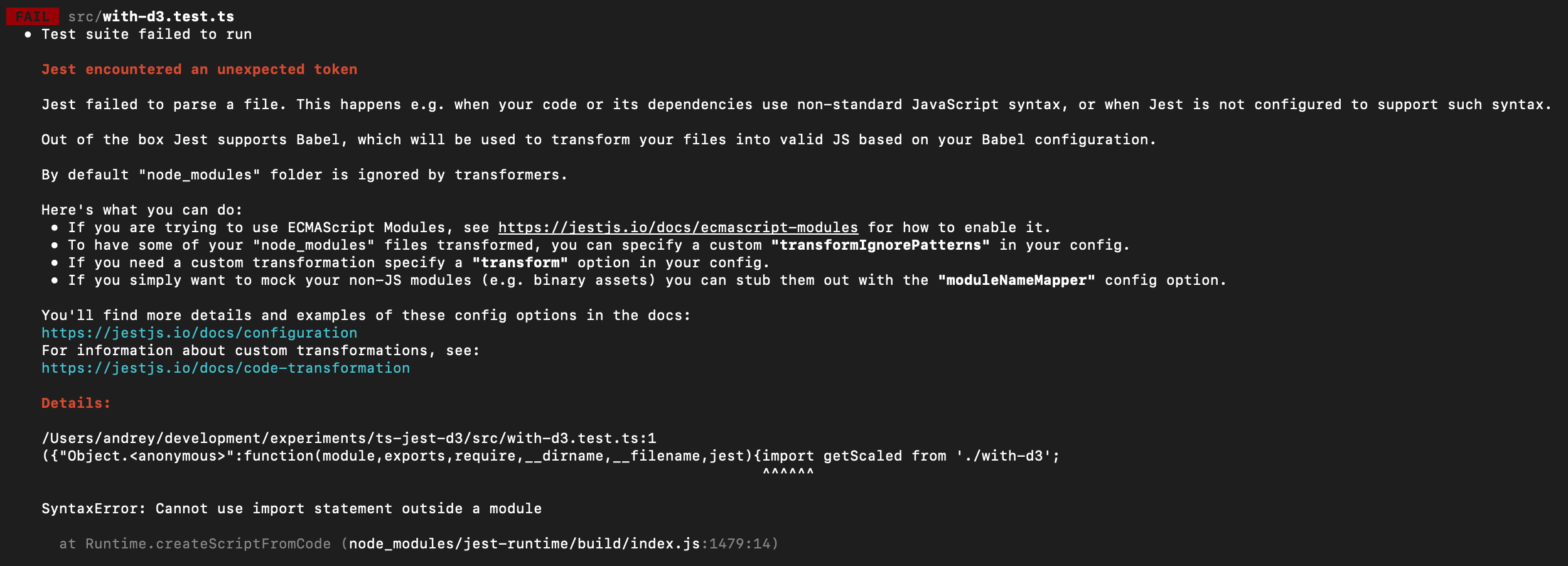 Jest unable to import D3 v.7.0.0 (distributed as ESM module) · Issue #11675 · jestjs/jest · GitHub
