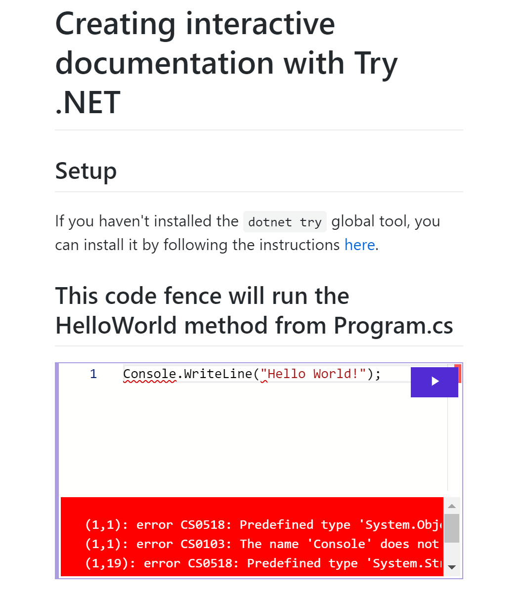 Sample tutorial code doesn't run · Issue #303 · dotnet/try · GitHub