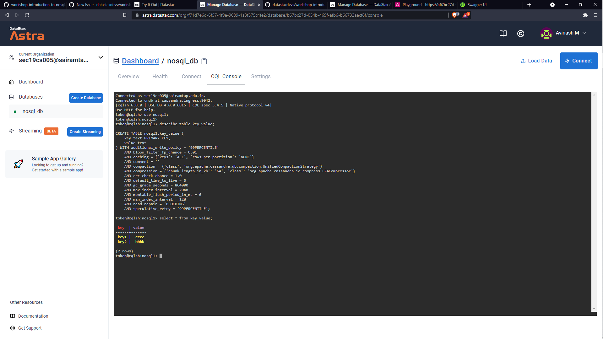 [HW] Avinash M · Issue #495 · datastaxdevs/workshop-introduction-to-nosql · GitHub