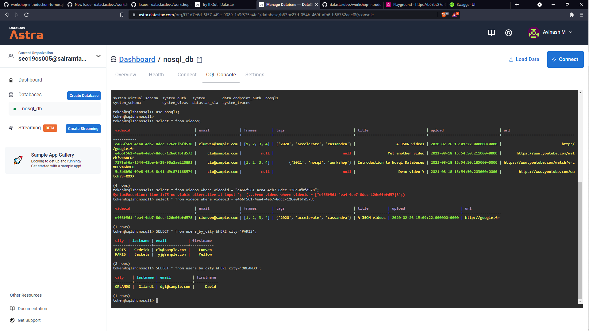 [HW] Avinash M · Issue #495 · datastaxdevs/workshop-introduction-to-nosql · GitHub