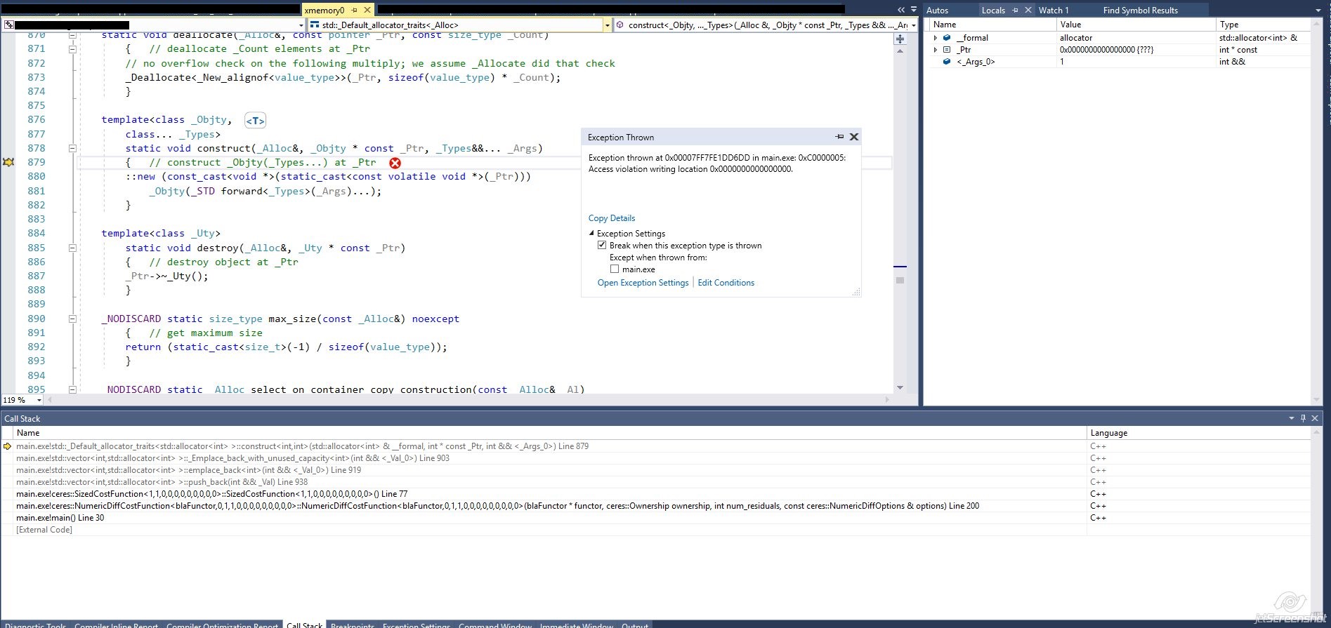 Access violation error in NumericDiffCostFunction constructor in VS2017 debug mode · Issue #454 ...